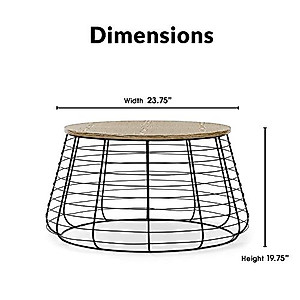 ClickDecor Lydia Matte Black Wireframe Coffee Table, Modern Farmhouse Round Living Room Accent Furniture Distressed Wood Finish Tabletop, Fully Assembled, Brown 23.6D x 23.6W x 19.7H in