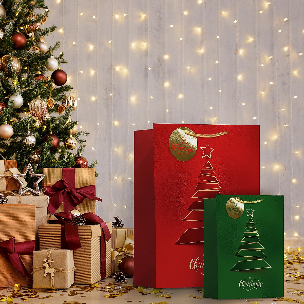 easykart labels 12 Christmas Gift Bags, Red & Green Metallic & Texture Finish with Golden & Spot Gloss Xmas Tree, Assorted Sizes With Handle (4 Extra Large 16", 4 Large 12", 4 Medium 9")