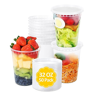 SHOPDAY Deli-Containers-with-Lids-32 Oz [50 Sets] - Plastic-Food-Storage-Containers-with-Airtight-Lids, Freezer-Containers-for-Meal-Prep, BPA-Free-Soup-Containers-for-Overnight Oats, To-Go-Containers