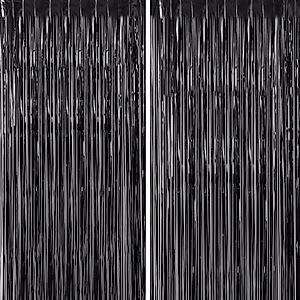 CHRORINE 2pcs 3ft x 8.3ft Black Tinsel Fringe Curtains Streamers Photo Backdrop for Birthday Graduation Halloween Anniversary Party Decorations