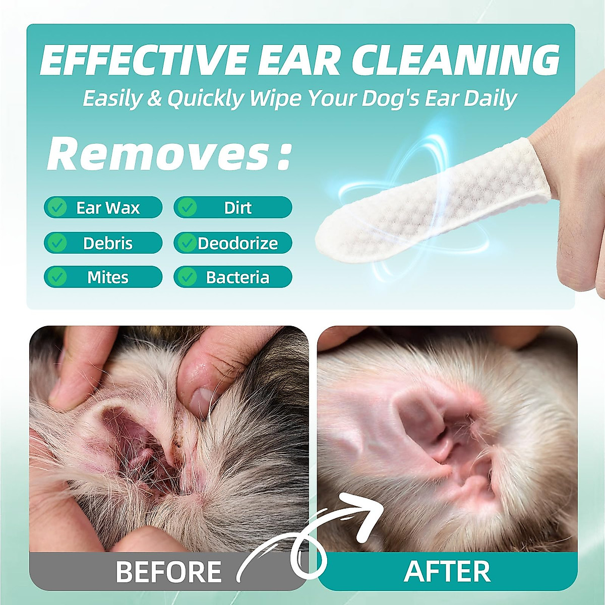 ANTONDOLL Dog Ear Cleaner Finger Wipes - Cat Ear Cleaner Wipes Grooming Pet Supplies Reduce Dirt Wax, Debris Soothes & Deodorizes, Fresh Coconut Scent 50 Counts