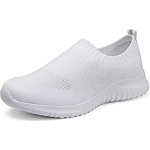 LANCROP Women's Lightweight Walking Shoes - Casual Breathable Mesh Slip On Sneakers Wide 7.5 US, Label 38 All White