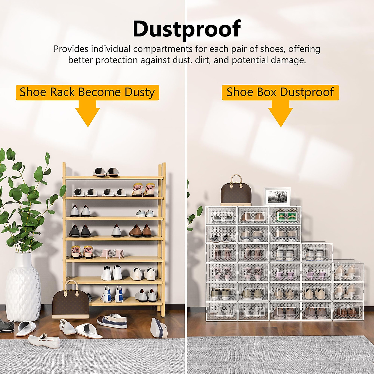 GTMOON Large Shoe Storage Boxes, 12 Pack Shoe Boxes Clear Plastic Stackable, Shoe Organizer Box for Closet, Stackable Sneaker Containers Case Bins with Lids, Great Alternative to Shoe Racks, White