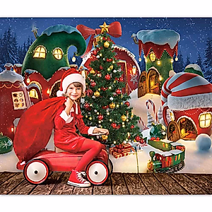 Funnytree 8x6FT Cartoon Christmas Village Photography Backdrop Winter Cabin Snow Pine Tree Background Xmas Fairy Tale Animated Kid Ice Party Photo Booth Banner Supplies Durable Soft Fabric