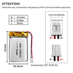 EEMB Lithium Polymer Battery 3.7V 250mAh 502030 Lipo Rechargeable Battery Pack with Wire JST 2.0mm Connector for VXI Blue Parrott- Confirm Device & Connector Polarity Before Purchase