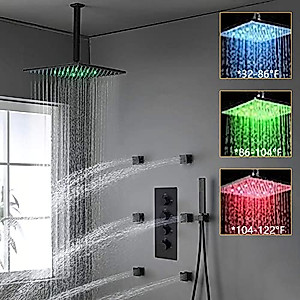 Luxury Black Multi Shower Head System, HOMEDEC 16inch LED Full Rain Shower System with Body Jets, Rainfall Thermostatic Shower Large Flow, Can Use All Functions at A Time