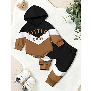 AGAPENG Baby Boy Clothes 3-6 Months Color Block Hoodie Sweatsuit Oversized Sweatshirt Onesie Romper Long Pants Fall Baby Boy Clothes Baby Boy Winter Clothes Thanksgiving Outfit Brown
