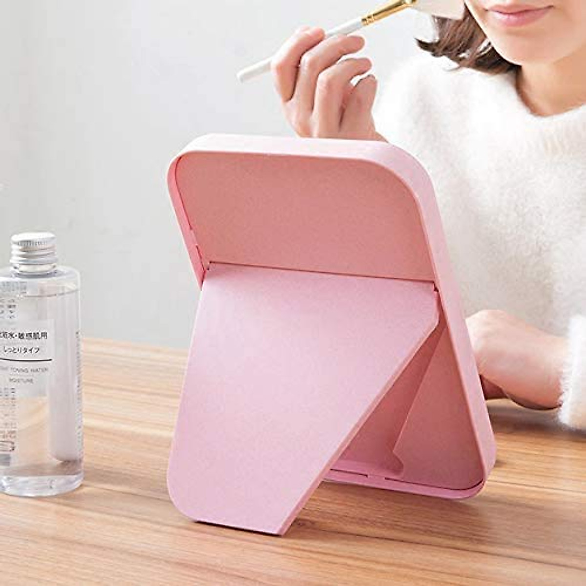Coobbar Desktop Foldable Makeup Mirror Simple Portable Princess Mirror Square Makeup Mirror Small Mirror with Stand for Women (Beige)