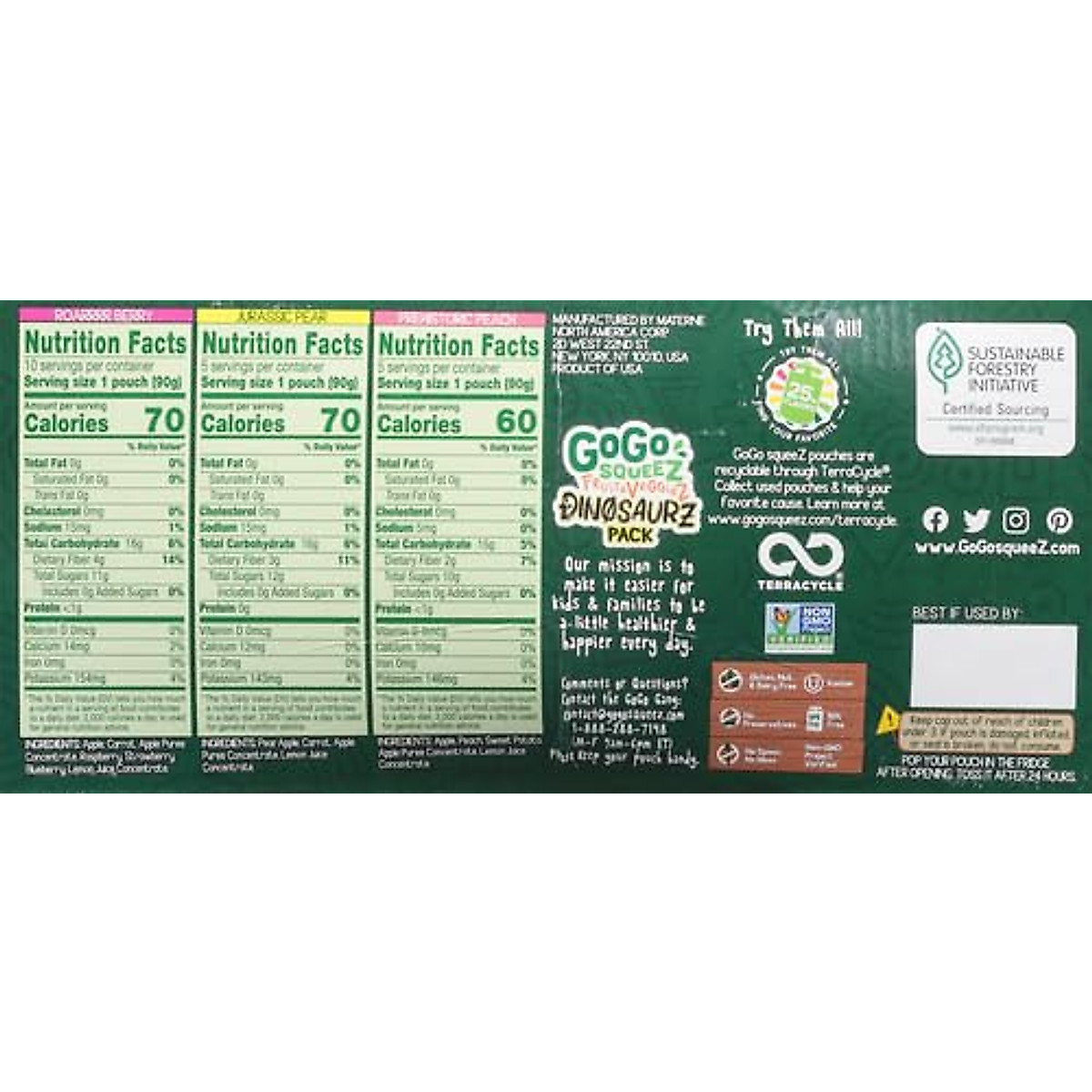 GoGo squeeZ Fruit & veggieZ Variety Pack, Jurassic Pear, Roarrrr Berry & Prehistoric Peach, 3.2 oz (Pack of 20), Unsweetened Snacks for Kids, No Gluten, Nut & Dairy, Recloseable Cap, BPA Free Pouches