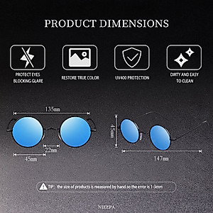 NIEEPA Vintage Round Polarized Hippie Sunglasses Small Circle Metal Driving Sun Glasses (Black Frame/Blue Mirror Lens)