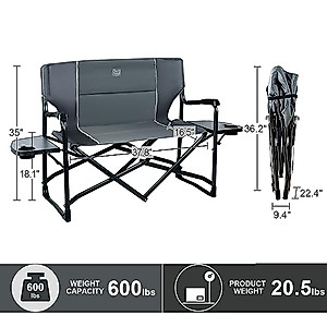 TIMBER RIDGE Oversized Double Folding Camping Side Tables 2 Person Lawn Chair, Heavy Duty Support 600 LBS for Outdoor, Grey