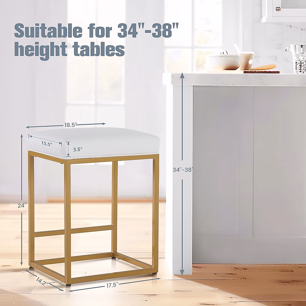 Erste!Bravo White Gold Counter Height Stools Set of 2 Bar Stools for Kitchen Counter 24 Inch Backless Modern Chic Barstools Upholstered Faux Leather Cream Stools Farmhouse Island Chairs, White Gold