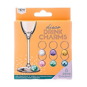 NPW 6 Pcs Disco Ball Wine Charms for Stem Glasses with Metal Rings Disco Ball Tags for 70s Disco Parties, Wine Cocktail Champagne Party Glass Indentifier Charms, Trendy Barware