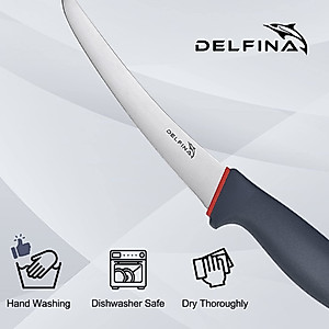 DELFINA 6 Inch Boning Knife for Meat Cutting, Semi-flexible Curved Blade Processing Knife, Premium Stainless Fish Fillet, BBQ Brisket Meat Trimming Butcher Knife for Kitchen Home Restaurant
