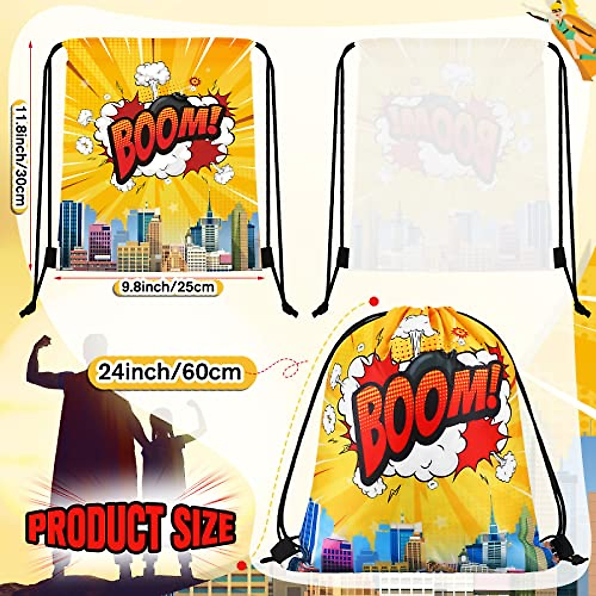 18 Pcs Hero Party Favors Bags Comic Heroes Drawstring Bag Backpacks Goodie Candy Gift Bags for Kids Girls Boys Birthday Party Supplies Decorations, 9.8 x 11.8 Inch