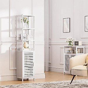HITNET Bathroom Tall Cabinet, Floor Standing Bamboo Storage Cabinet with 6 Shelves and Shutter Door for Kitchen Living Room, White