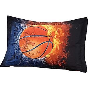 SDIII 4Pcs Fiery Basketball Sheet Set Twin, Basketball with Special Effects Sheet Set, Super Soft Microfiber, Wrinkle and Fade Resistant, for Boys Men and Basketball Sports Lovers, Twin