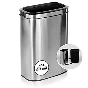 Alpine Industries 40 L / 10.5 Gal Stainless Steel Slim Open Trash Can - Compact Garbage Bin - Wide Access Top Slender Durable Receptacle with Sturdy Plastic Liner