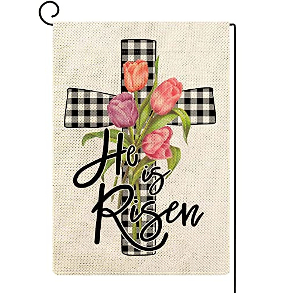ORTIGIA Easter Cross Garden Flag Double Sided Buffalo Plaid Cross Tulip Flowers He is Risen Religious Garden Flag Spring Seasonal Outdoor Outside Yard Lawn Decoration 12x18 Inch