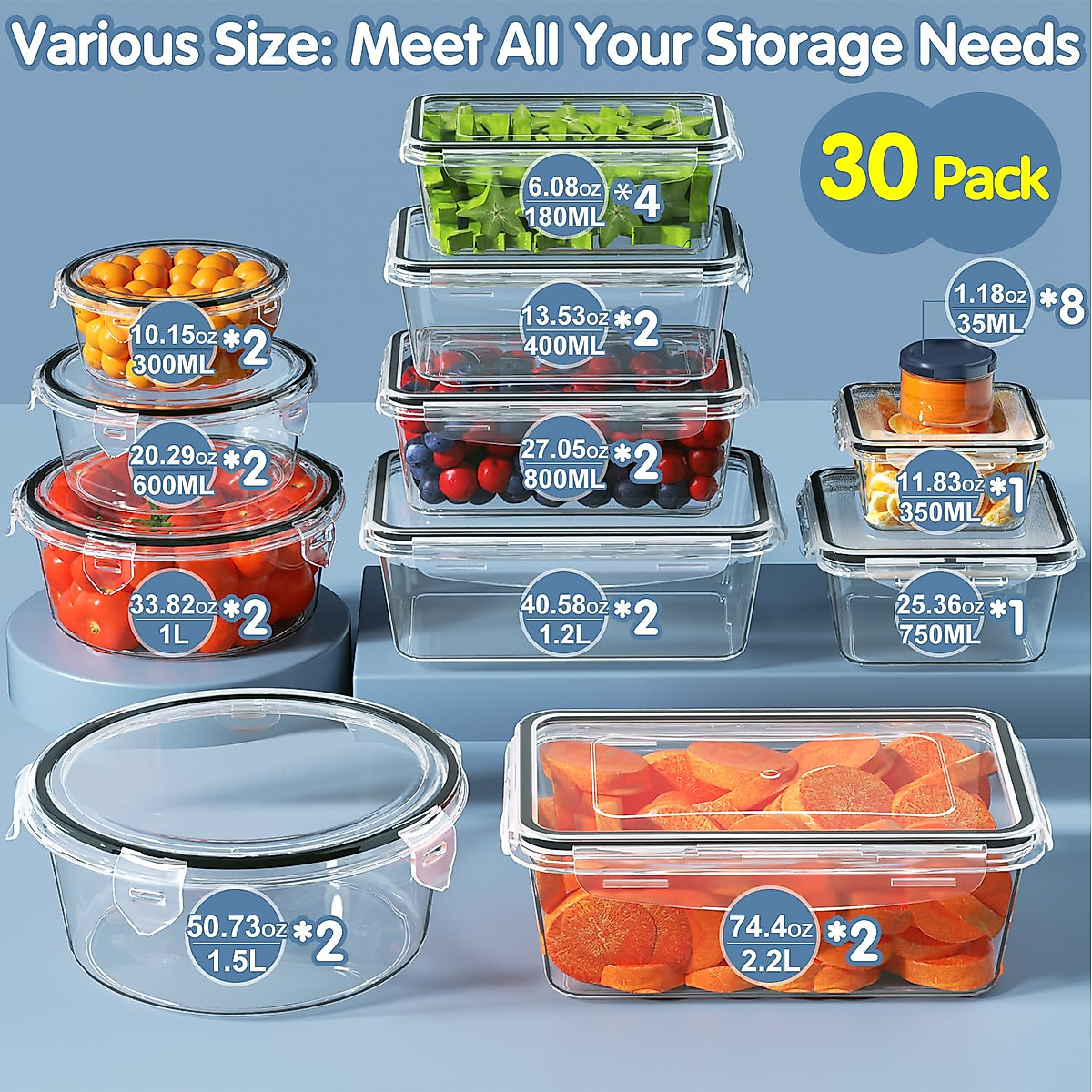 KITHELP 60-Piece Large Food Storage Containers Set - Leakproof, BPA-Free Plastic with Lids Airtight for Kitchen Storage and Organization Reusable with Labels Pen- Microwave Dishwasher Freezer Safe