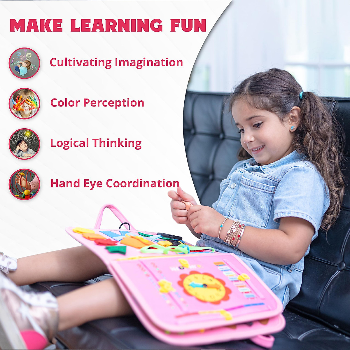 Bouncing Bobo Toddler Busy Board for 1 Year Old + Busy Book for Toddlers 1-3 with 25+ Educational Activities, Airplane Travel Essentials for Kids (Pink)