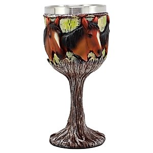 Ebros Gift Equine Beauty Wild Horses Wine Goblet 7oz Chalice Cup In Rustic Wood Bark Roots Design