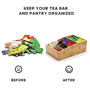 Dicunoy 2 Pack Bamboo Tea Bags Organizer, Wood Coffee Supplies Holder Box, Coffee Condiment Station Storage with 5 Compartments for Sugar Packet, Stirrer, Creamer Singles, Sweetener