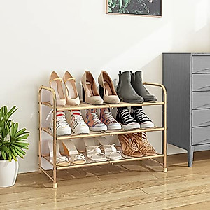 Simple Trending 3-Tier Stackable Shoe Rack, Expandable & Adjustable Shoe Shelf Storage Organizer, Wire Grid, Golden Yellow