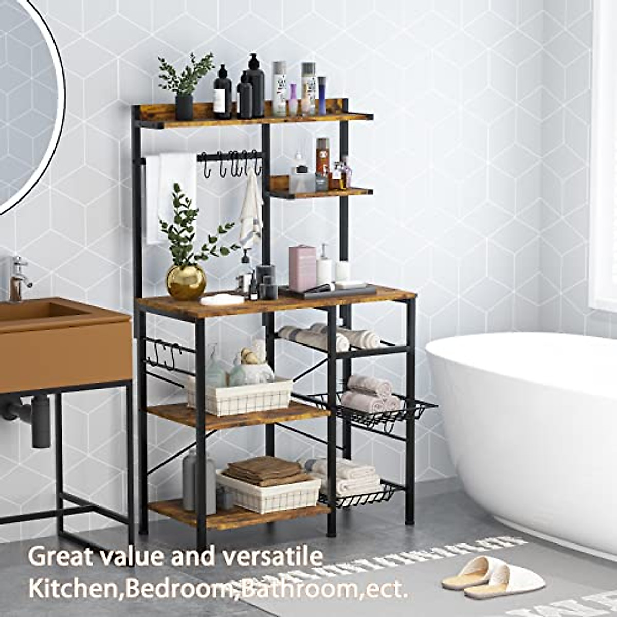 Kitchen Baker’s Rack with 2 Pull Out Wire Baskets, Microwave Stand with Storage Shelf & Wine Rack, 5-Tier Utility Coffee Bar Station with 10 Hooks for Spice Rack Organizer Workstation, Rustic Brown