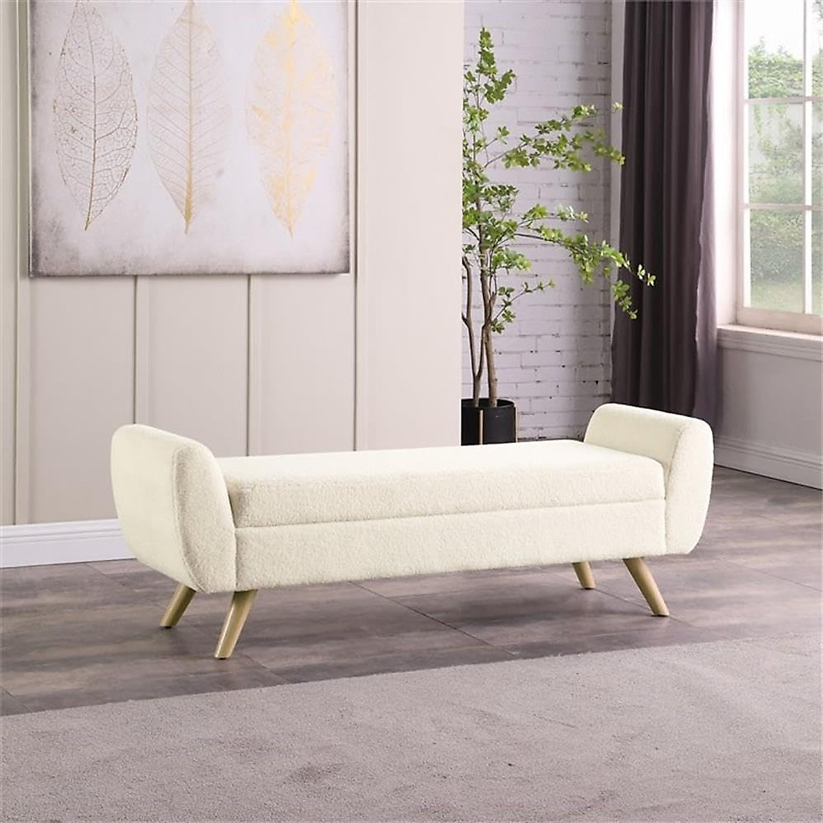 HomePop Modern Storage Bench with Wood Legs Home Décor|Bench with Storage for Living Room & Bedroom - Sherpa Cream