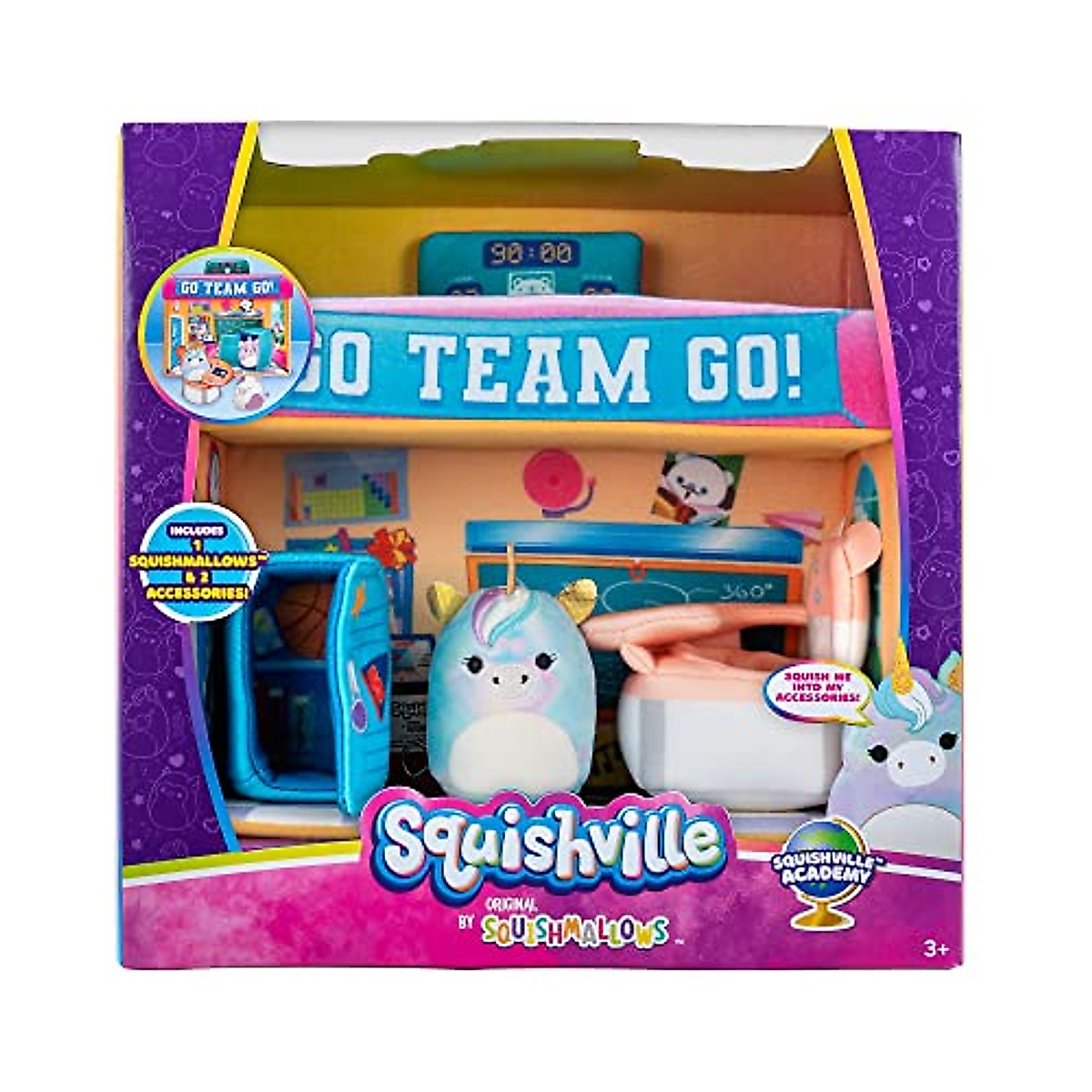 Squishville by Original Squishmallows Deluxe Academy Playset - Includes 2-Inch Eunice The Unicorn Plush, School Desk, Locker, and School Playscene - Toys for Kids