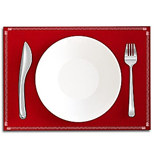 Dress4Tab Set of 6 Non Slip Heat Resistance Red Christmas Placemats with Boho Eembroidery for Dining Table, Machine Washable Cotton Kitchen Table Place Mats Linen
