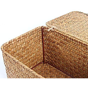 FEILANDUO Shelf Baskets with Lid Set of 3 Handwoven Seagrass Storage Box Wicker Basket Desktop Makeup Organizer Multipurpose Container (Original (S/M/L)