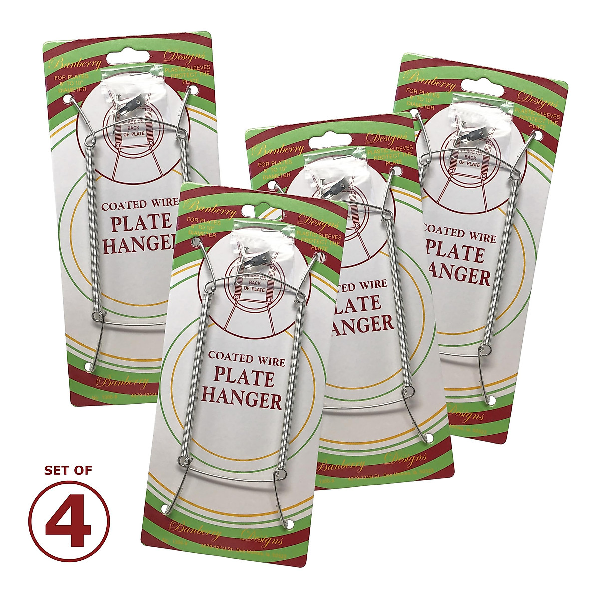 BANBERRY DESIGNS Chrome Vinyl Coated Plate Hanger 8 to 10 Inch - Set of 4 Pcs - Clear Vinyl Sleeves Protect The Plate - Hook and Nail Included