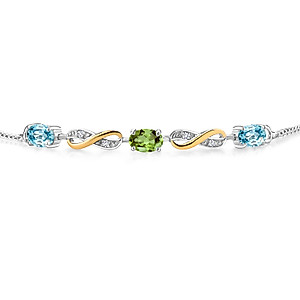 Gem Stone King 925 Silver and 10K Yellow Gold Oval Blue Zircon Green Peridot and White Lab Grown Diamond Infinity Bracelet For Women Mother's Mom Wife Her (1.83 Cttw, Fully Adjustable Up to 9 Inch)