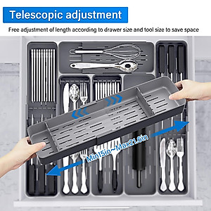 KOUPA Expandable Silverware Drawer Organizer Set of 2, Compact Utensil Flatware Tray for Kitchen, Adjustable Plastic Cutlery Holder Storage for Spoons Forks Knives, Gray