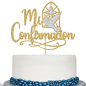 Mi Confirmacion Cake Topper, First Holy Communion, God Bless, Bridal Shower/Wedding/Baptism/Christening Baby Shower Party Decorations Gold Glitter