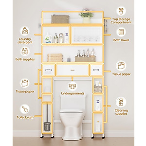 Cozivolife Over The Toilet Storage Cabinet with Acrylic Sliding Door Panel,Bamboo Organizer Shelf with 2 Toilet Paper Drawers and 1 Big Drawer,Toilet Rack for Bathroom (White)
