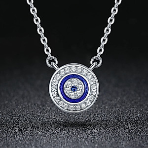 BISAER 925 Sterling Silver Lucky Evil Eye Necklace Blue Cubic Zirconia Pendant Necklaces for Women