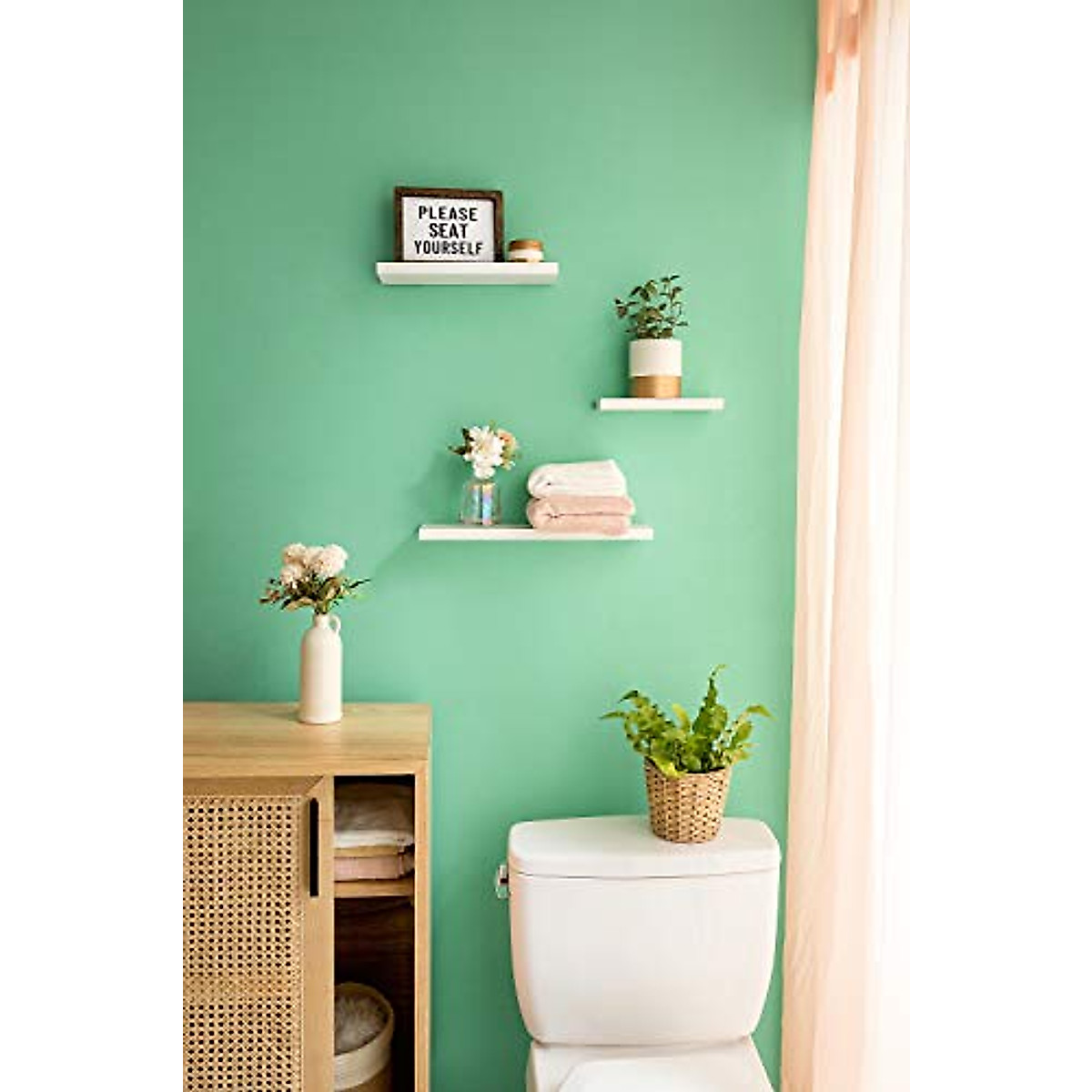 Mkono Floating Shelves White Wood Wall Mounted Rustic Modern Shelf Set of 3 Photo Display Ledges with Invisible Bracket for Living Room Bedroom Bathroom 4" Deep