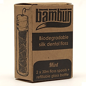 Eco-Friendly Biodegradable Natural Silk Dental Floss: Refillable Glass Bottle with Two 30m Floss Spools (Plastic Free Packaging)