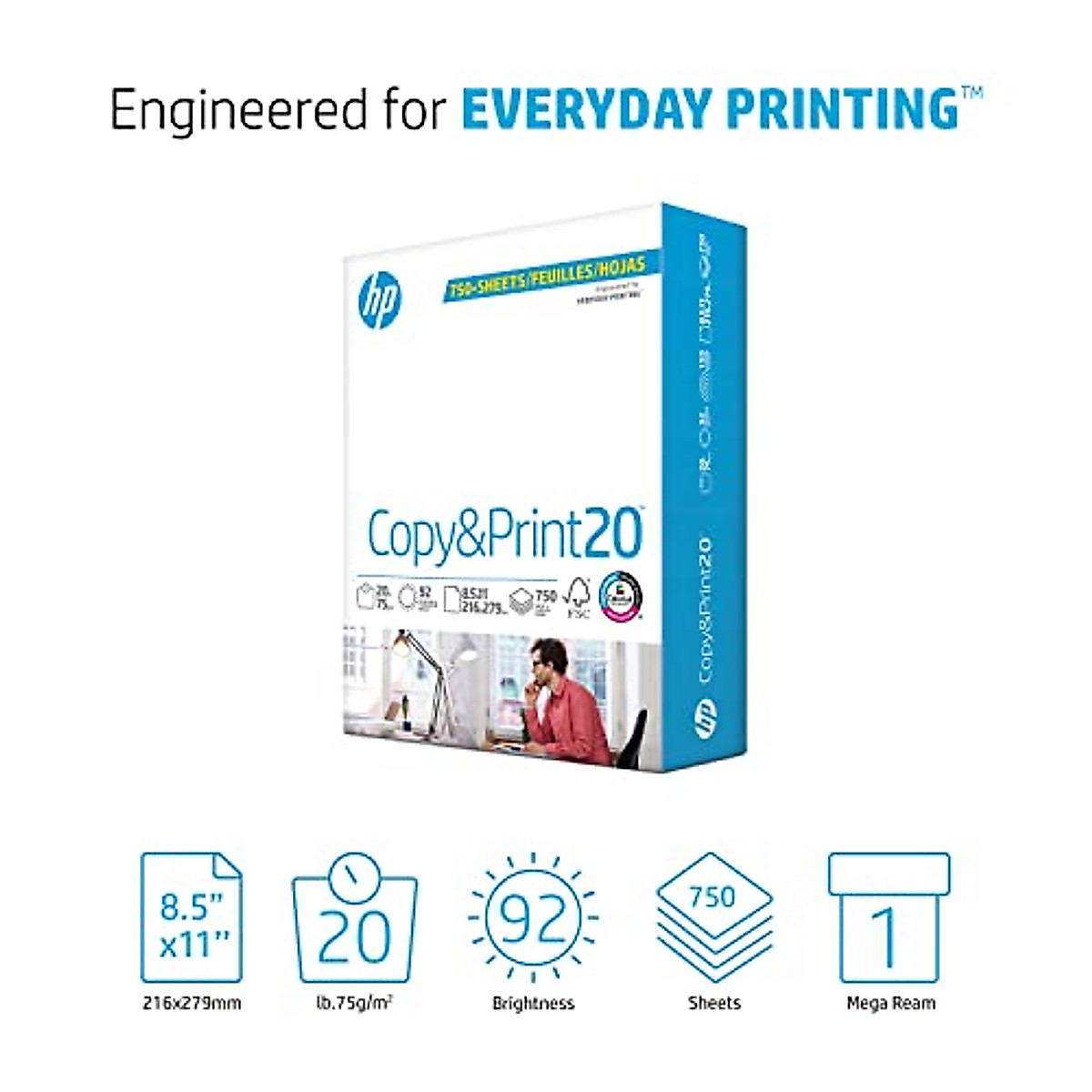 HP Printer Paper | 8.5 x 11 Paper | Copy &Print 20 Lb | 1 Bulk Pack - 750 Sheets | 92 Bright | Made in USA - FSC Certified | 200030R