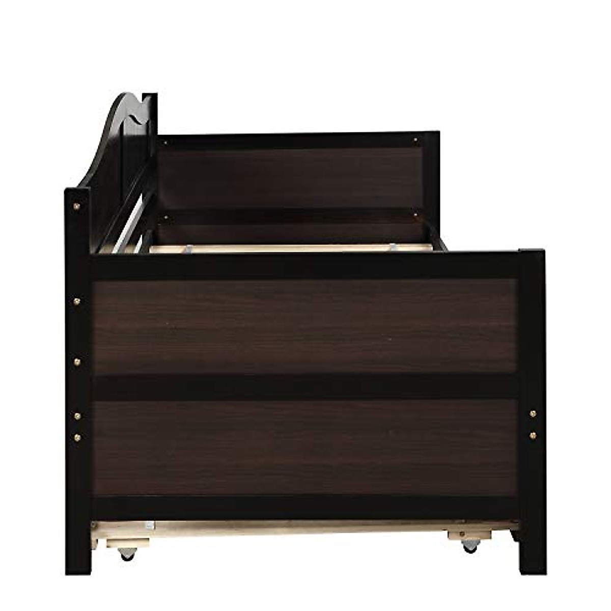 Lepfun Twin Size Wooden Daybed with Trundle, No Box Spring Needed Sofa Bed w/Slats Support, Classic and Simple Platform Bedframe for Bedroom, Living Room, Space Saving Furniture, Espresso