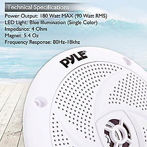 Pyle Marine Speakers - 5.25 Inch 2 Way Waterproof and Weather Resistant Outdoor Audio Stereo Sound System with LED Lights, 180 Watt Power and Low Profile Slim Style - 1 Pair - PLMRS53WL