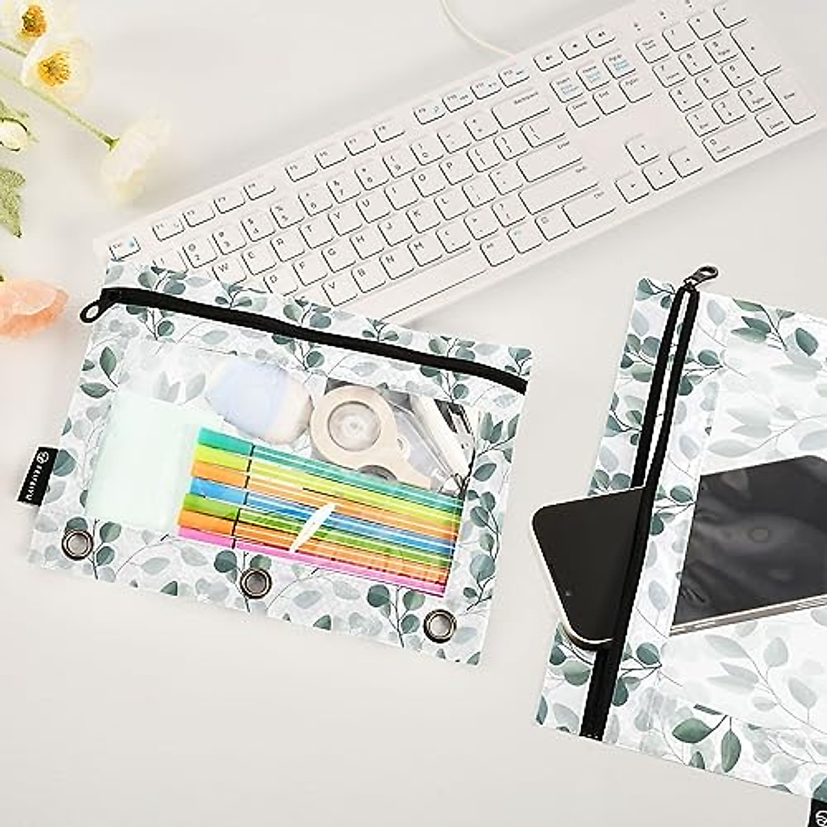 Floral Leaf Pencil Pouch for 3 Ring Binder 2 Pack Binder Pouches with Clear Window Binder Pencil Bag Case with Zipper for Office Supplies