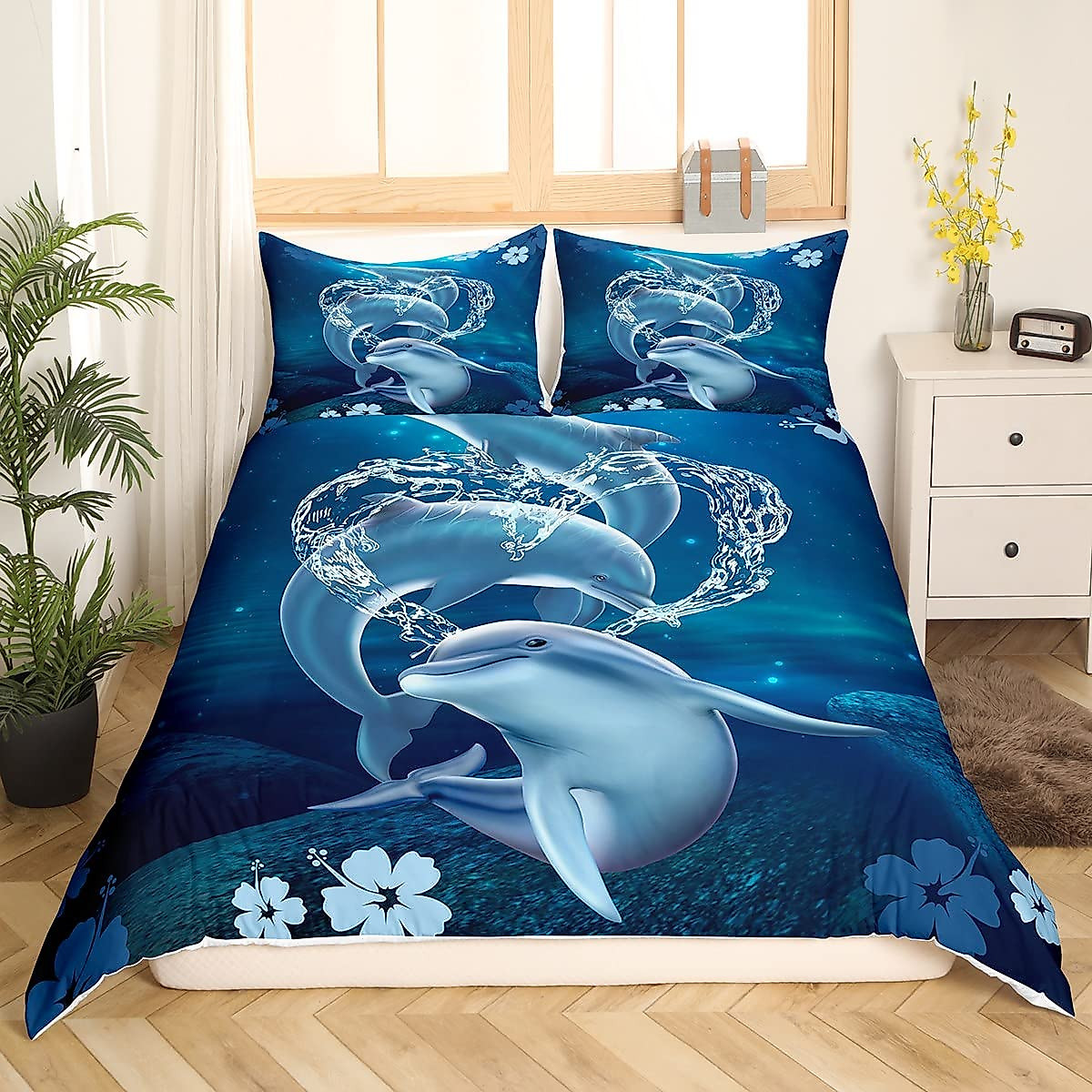 3D Dolphin Print Bedding Set,Moonlight at Night Comforter Cover Set for Teens Women Room Decor,Sea Animals Duvet Cover Breathable Dolphin Jumping Bedspread Cover Full Size,Blue(No Comforter)