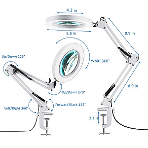 LANCOSC 2-in-1 Magnifying Glass with Light and Stand, 5X Real Glass Lens 3 Color Modes Stepless Dimmable, Adjustable LED Lighted Magnifier Desk Lamp with Clamp for Reading, Crafts, Close Works - White