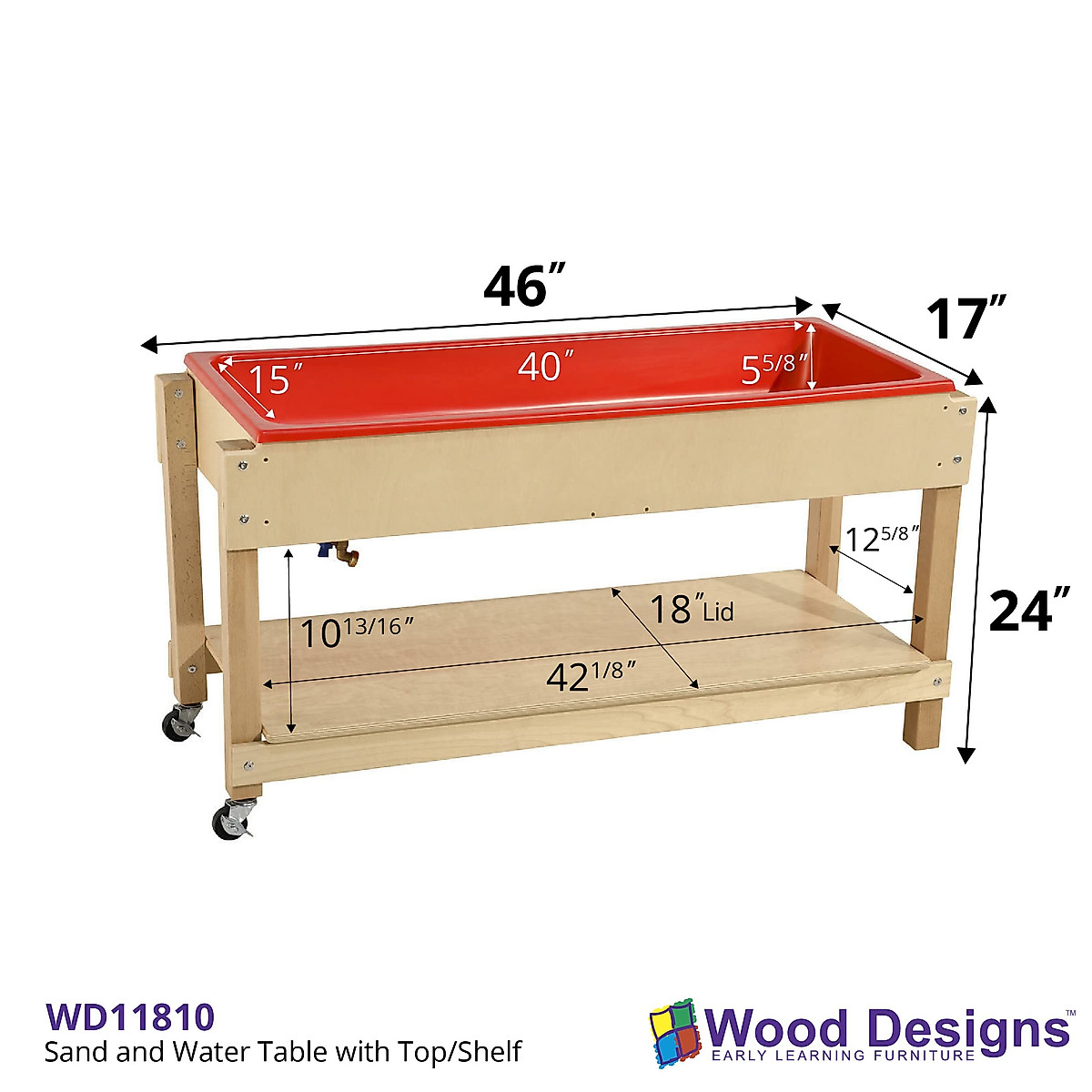 Wood Designs Sand and Water Sensory Play Table, Drainable Plastic Tub with Lid, Sturdy Birch Plywood Built for Kids, Daycare, Classroom 46" W x 17" D