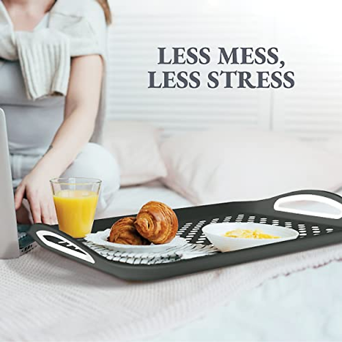 Rectangular Non Slip Serving Tray with Handles That are Easy to Grip Silicone Nubs Non Skid Plastic Food Tray - Portable Dinner Trays for Eating - Anti Slip Lap Bed TV Carrying Tray