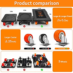 Furniture Lifter Movers Tool Set, 360° Rotation Furniture Dolly Heavy Duty, Furniture Movers with 5 Wheels, Maximum Load 1200 Lbs, for Moving Heavy Furniture, Refrigerator, Sofa (4 Pack)